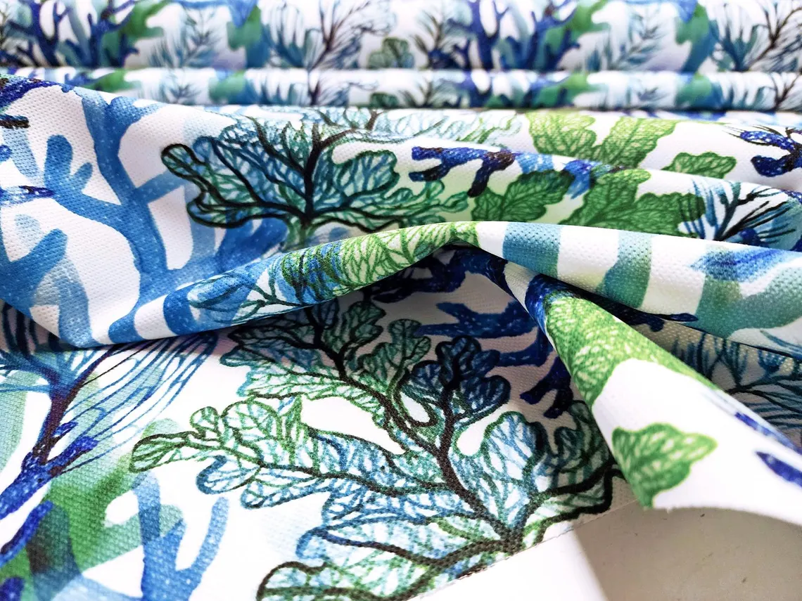 Blue Green Coral Print Fabric - Havana Concept
