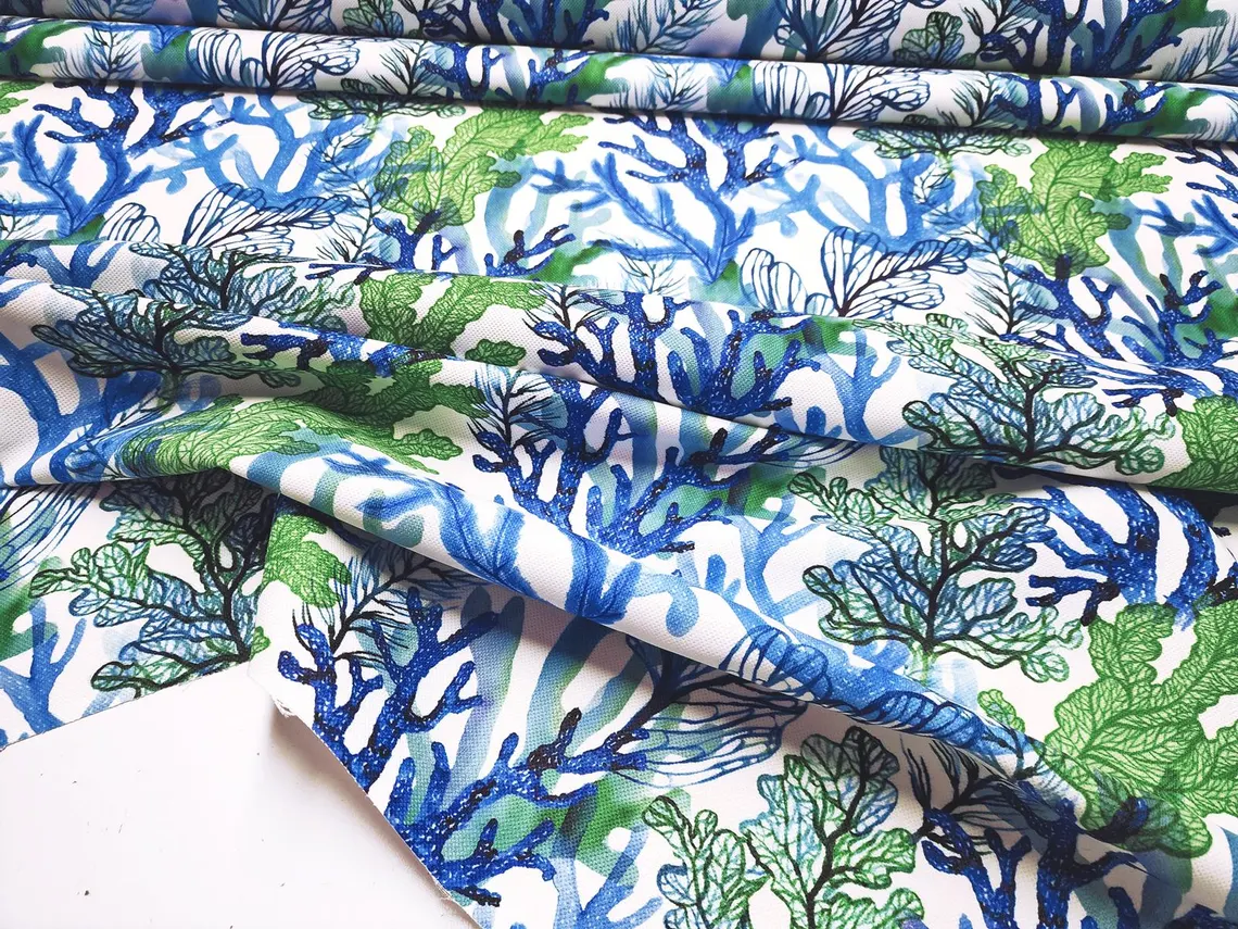 Blue Green Coral Print Fabric - Havana Concept